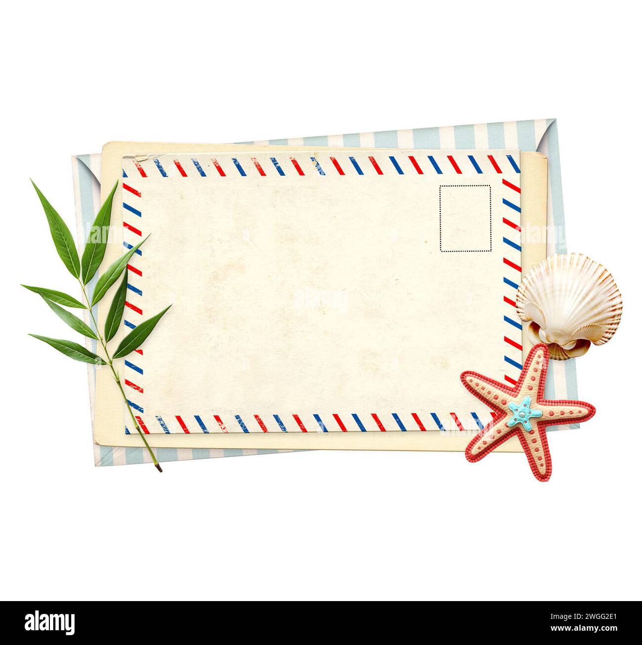 Vintage post card, envelope and souvenirs - green leaf, felt starfish ...