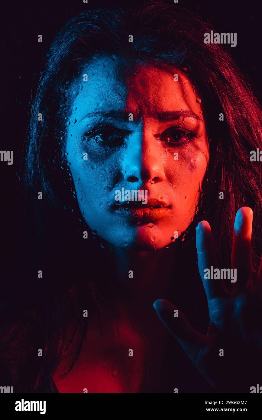 Sensual Portrait Of Sad Crying Girl Behind Glass With Raindrops And