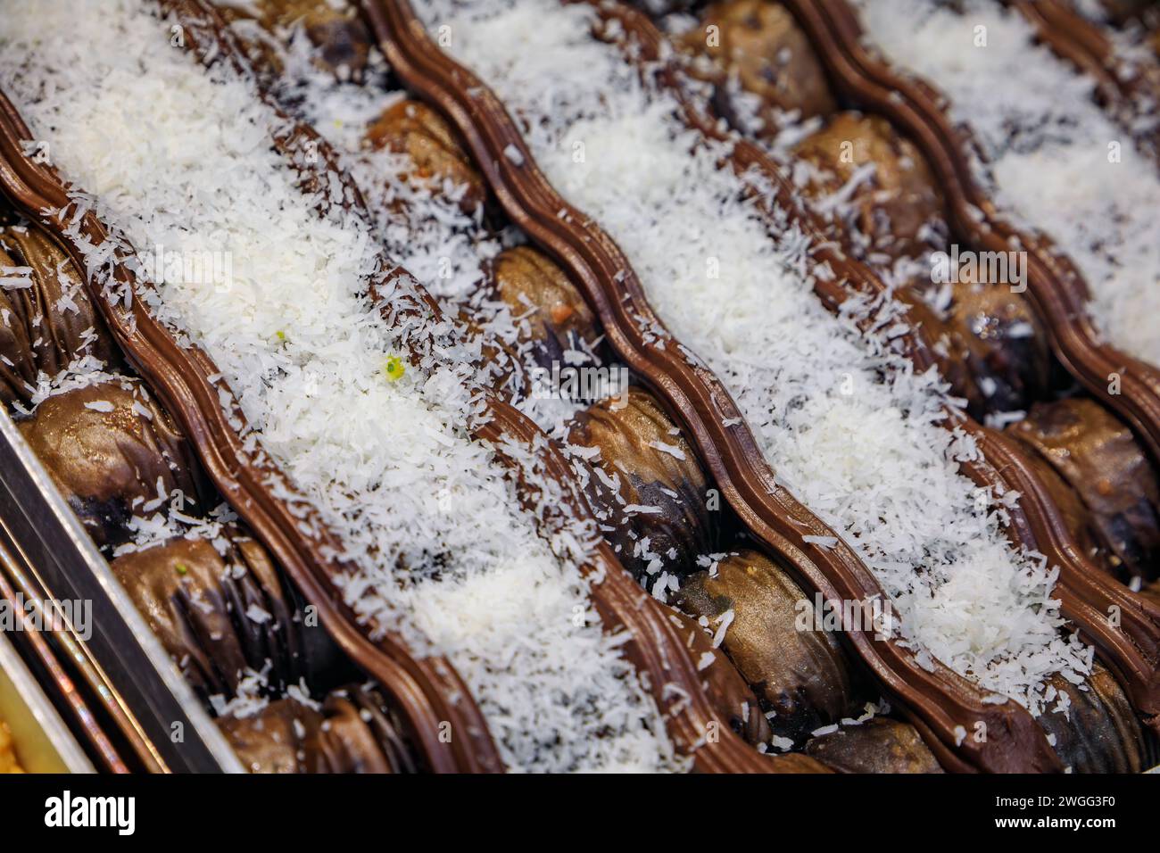 Traditional Turkish dessert, fresh chocolate covered baklava with ...