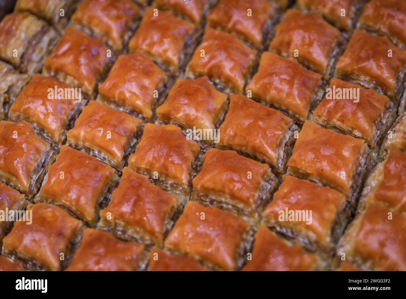 Traditional Turkish dessert, fresh crispy layered whole walnut baklava ...