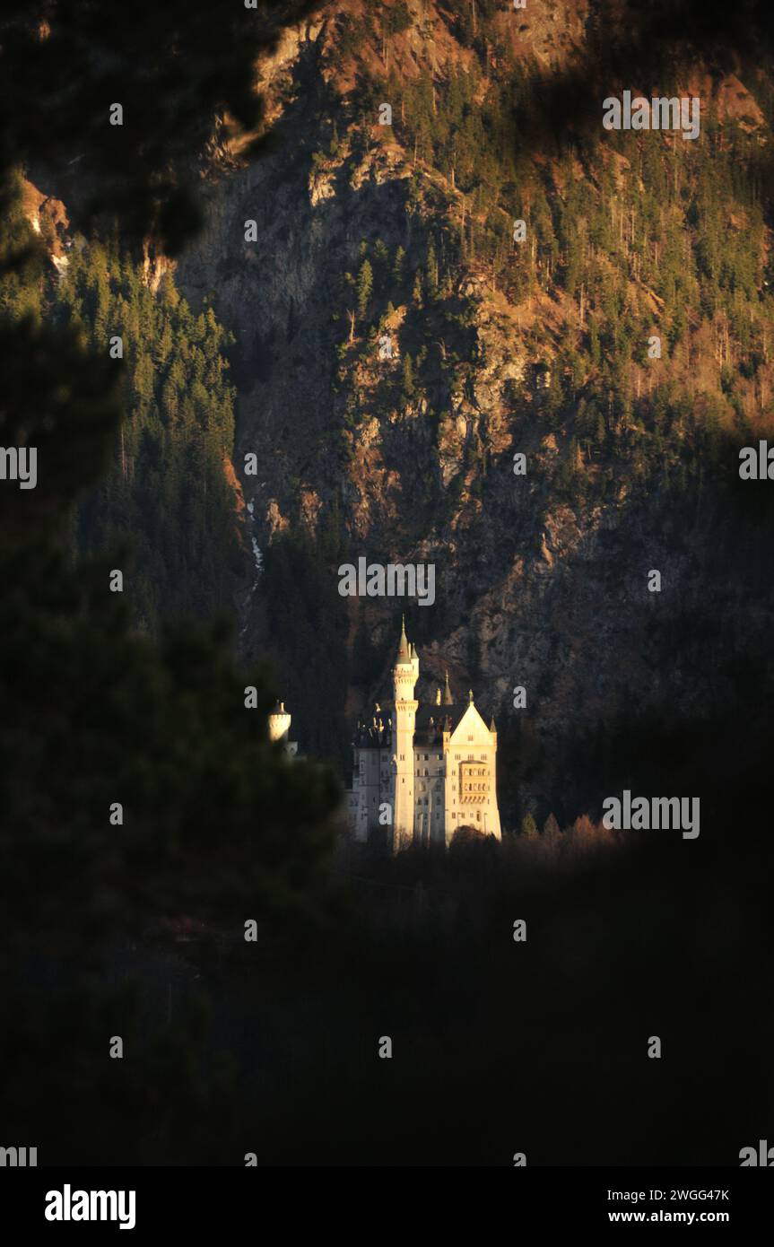 Neuschwanstein castle in the mountains from the distance Stock Photo ...