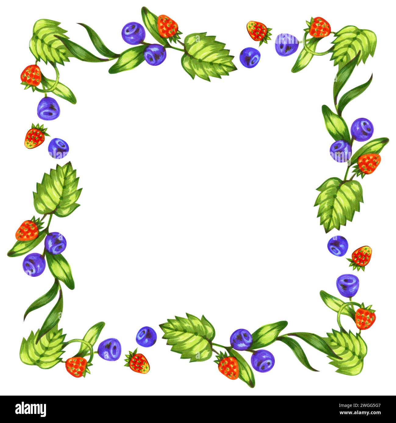 Watercolor wild berries frame. Hand drawn floral card design with ...