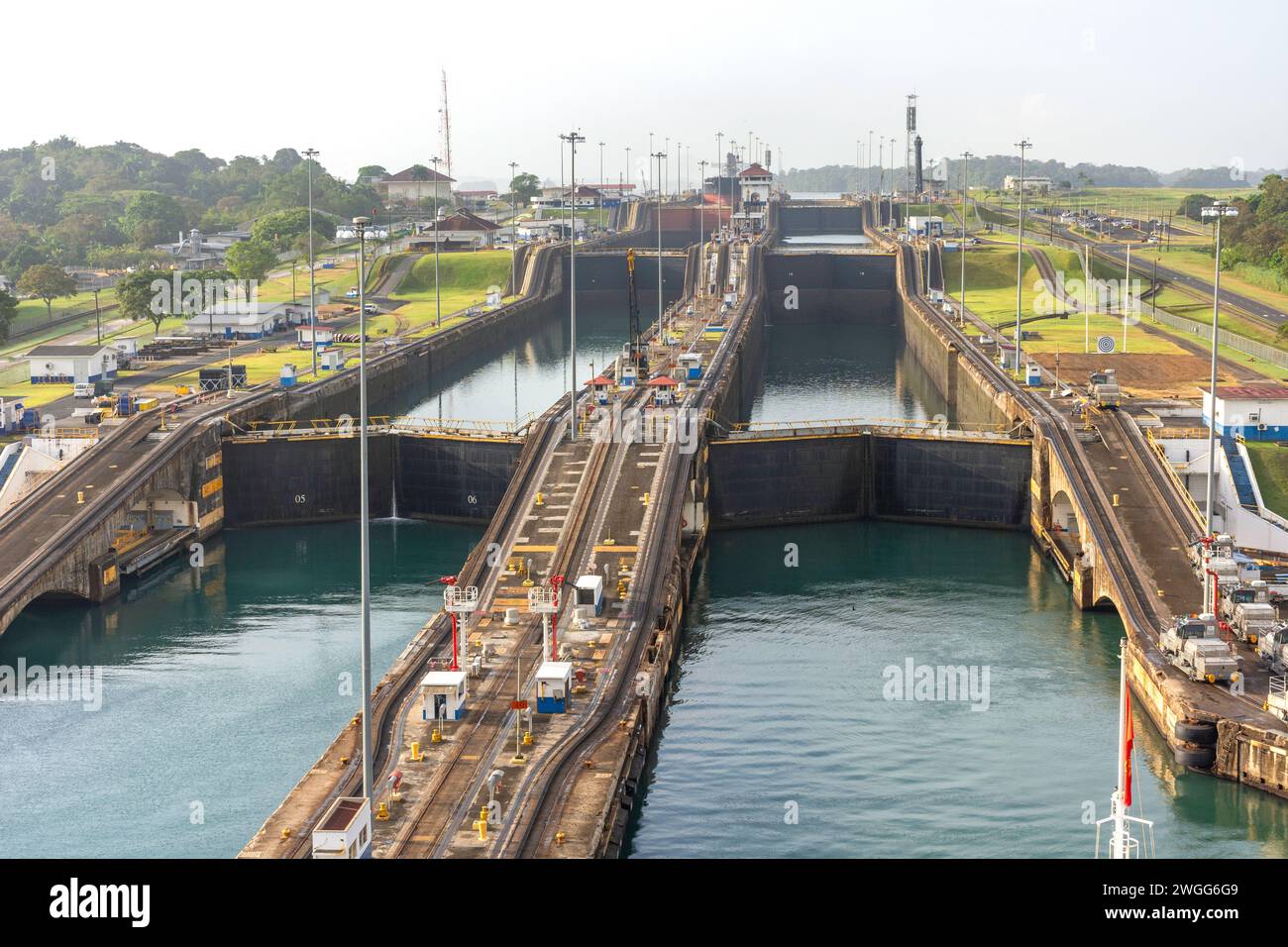 Cunard Queen Victoria cruise ship approaching Gatun Locks, Panama Canal ...
