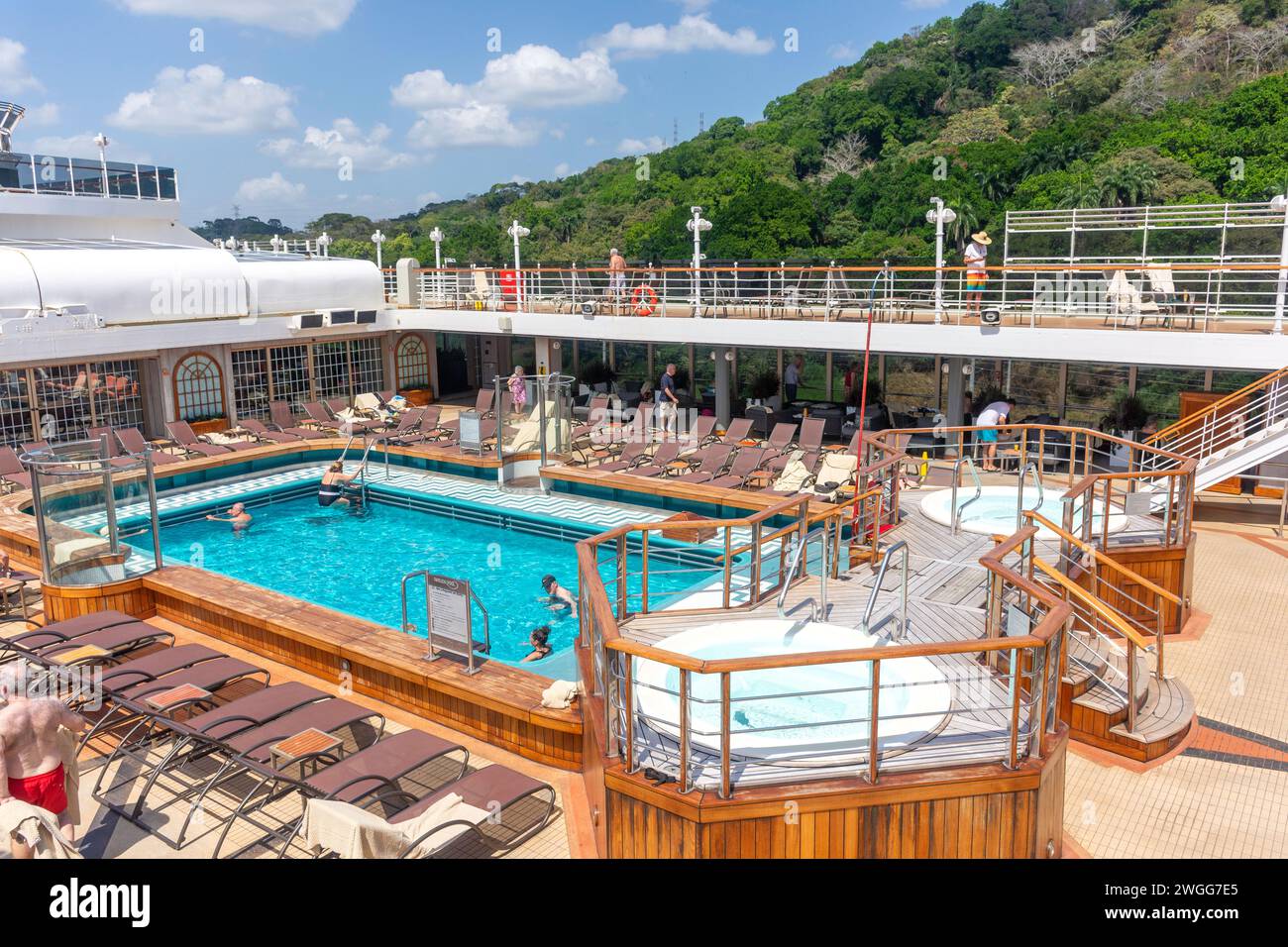 Cunard Queen Victoria cruise ship midship pool deck, Panama Canal ...