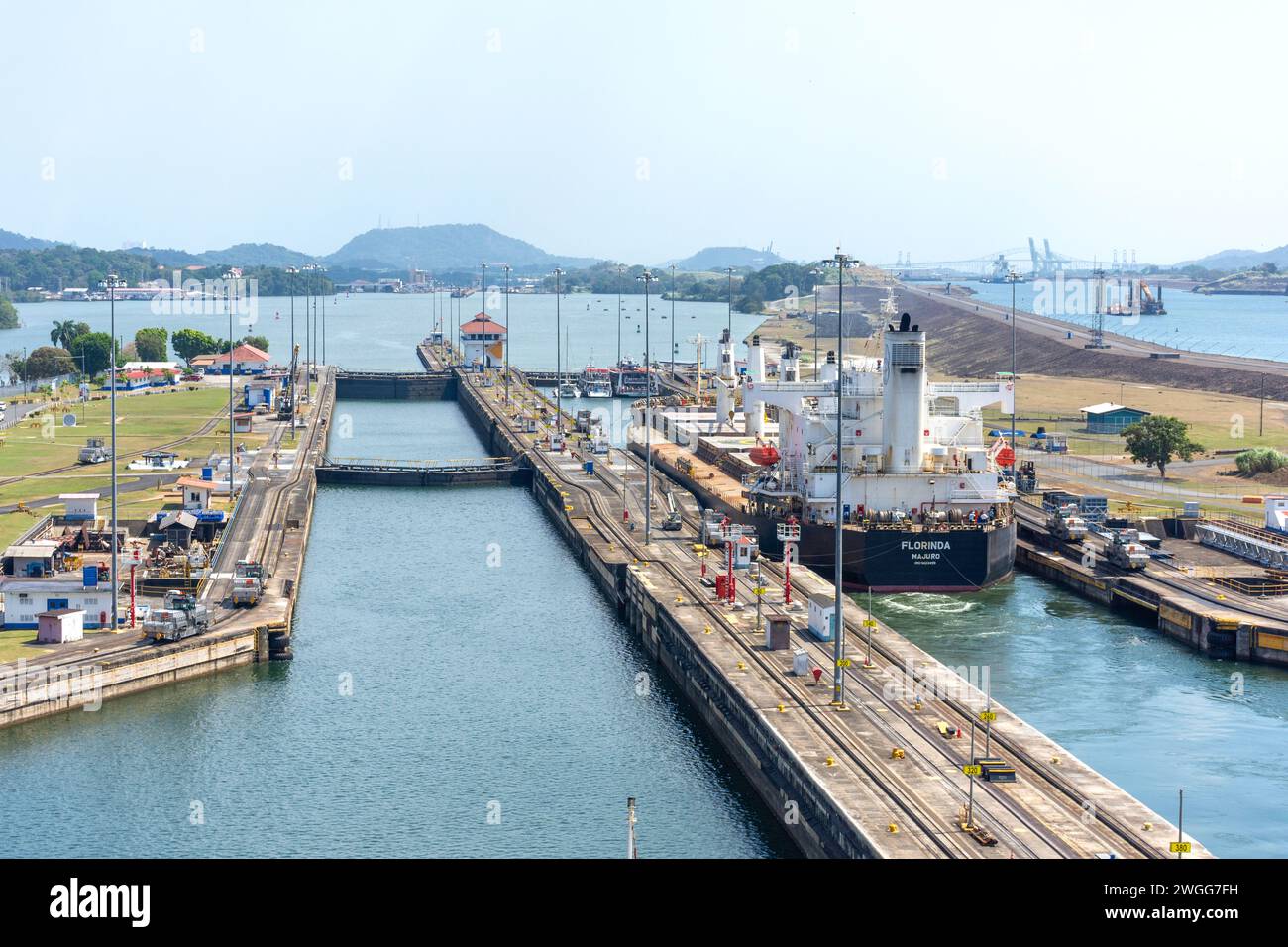 Cunard Queen Victoria cruise ship approaching Pedro Miguel lock, Panama ...