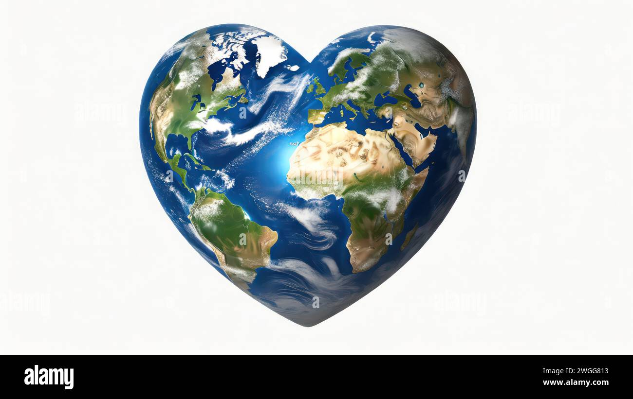 Isolated heart-shaped Earth with continents, oceans and atmophere Stock ...