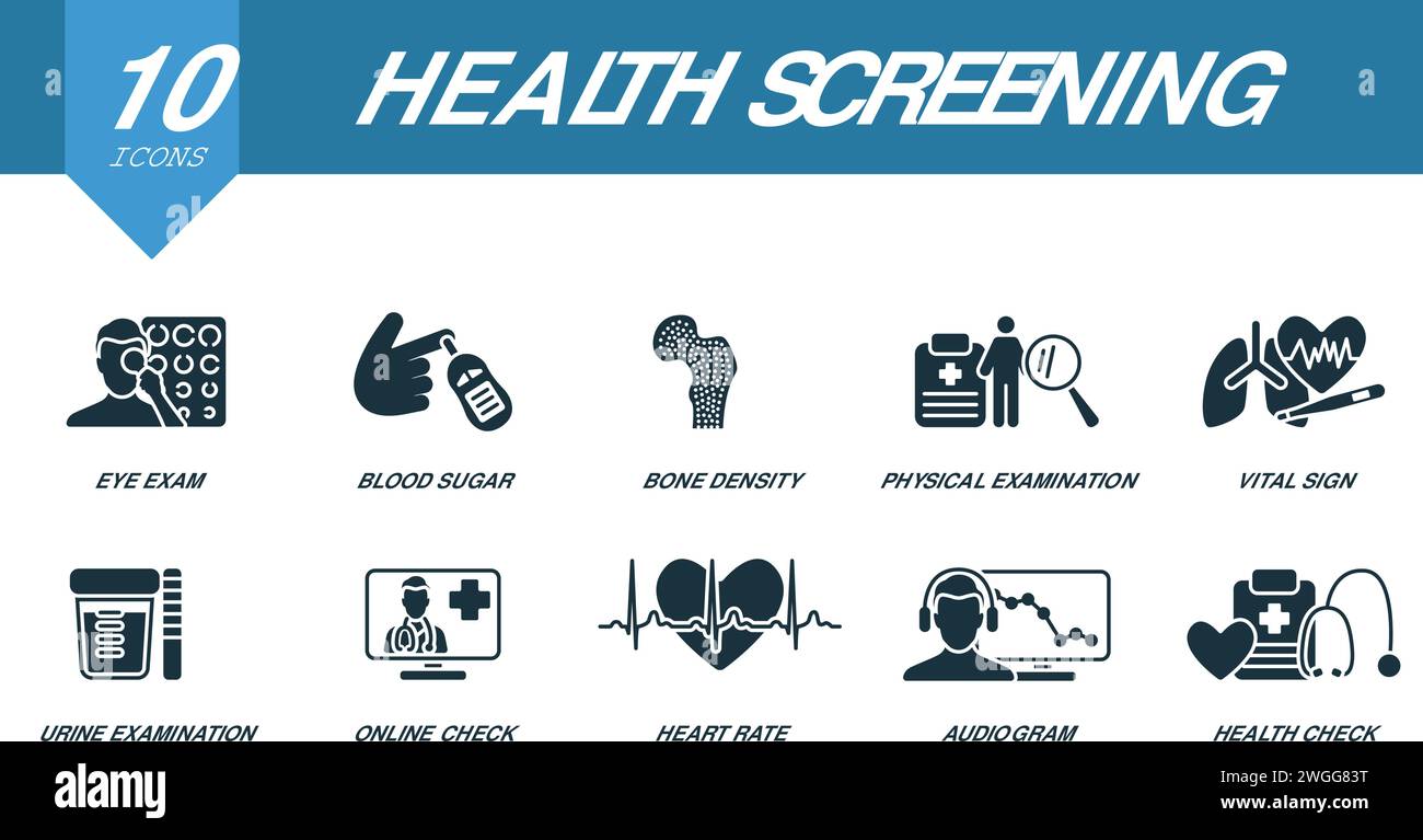 Health screening set. Creative icons: eye exam, blood sugar, bone ...