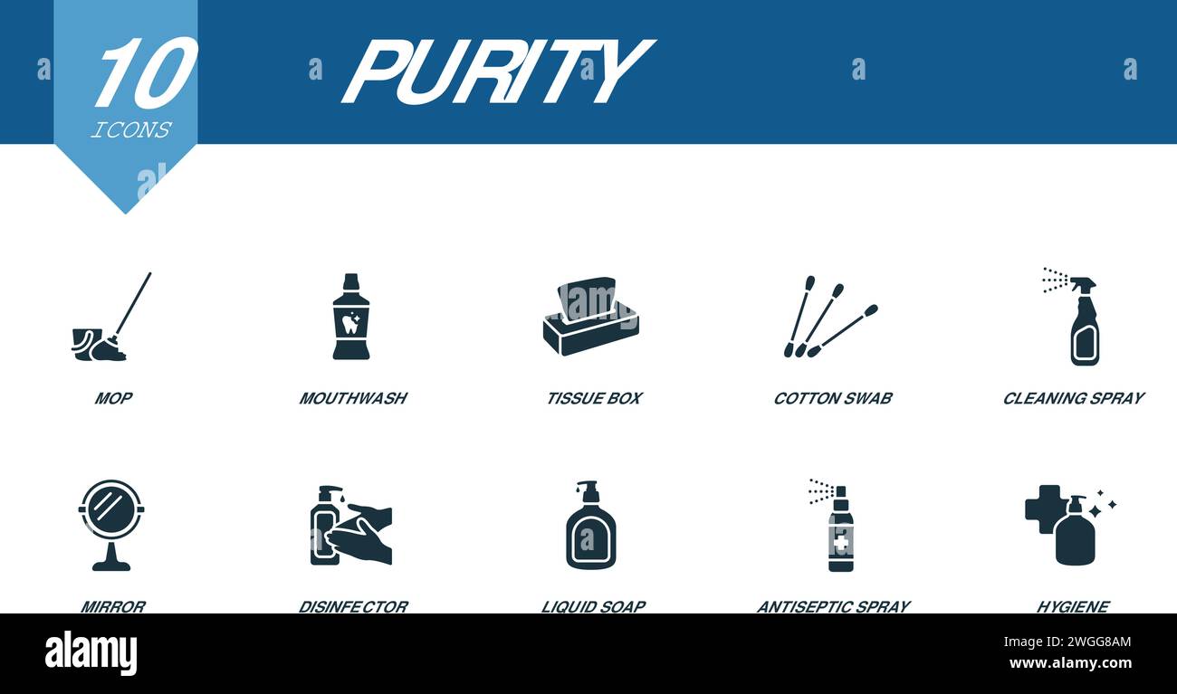 Purity icons set. Creative icons: mop, mouthwash, tissue box, cotton ...