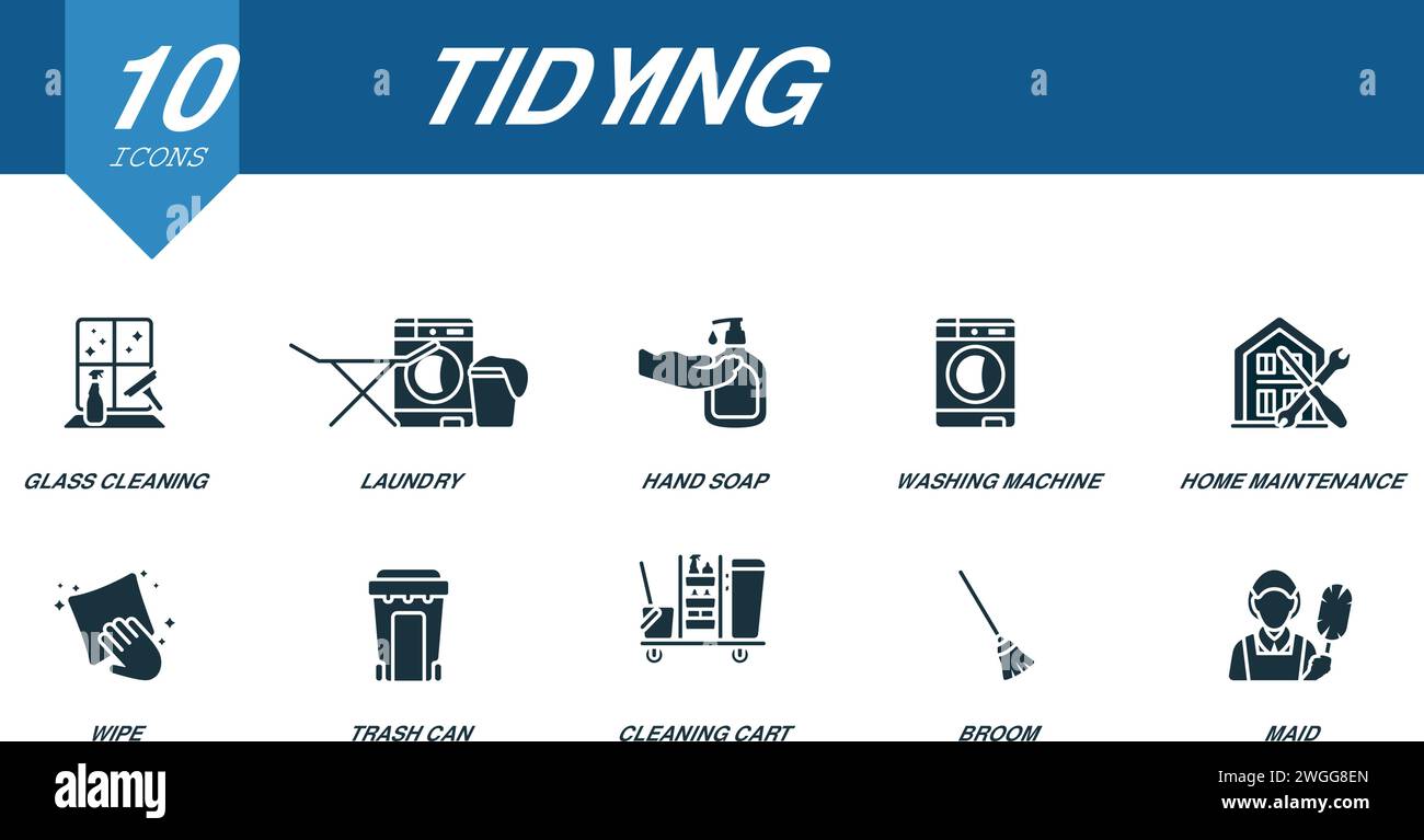 Tidying icons set. Creative icons: glass cleaning, laundry, hand soap ...