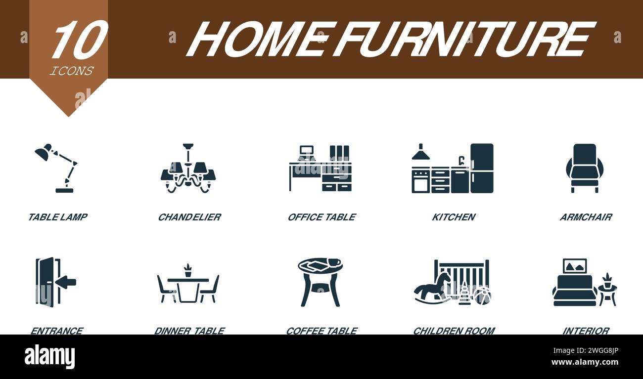 Home furniture icons set. Creative icons: table lamp, chandelier ...