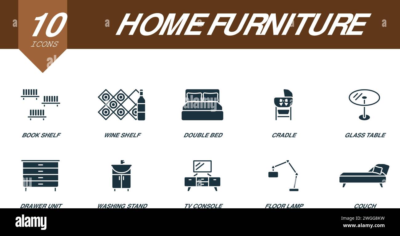 Home furniture icons set. Creative icons: book shelf, wine shelf ...