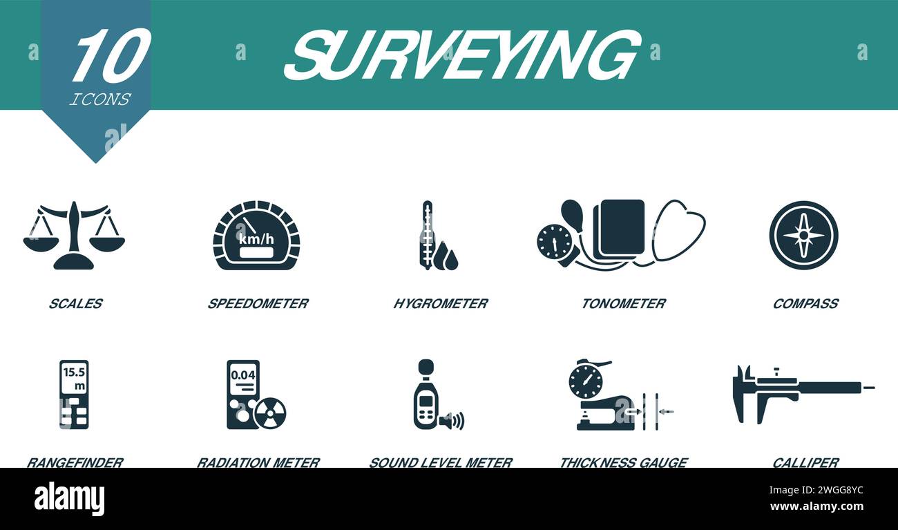 Surveying icons set. Creative icons: scales, speedometer, hygrometer ...