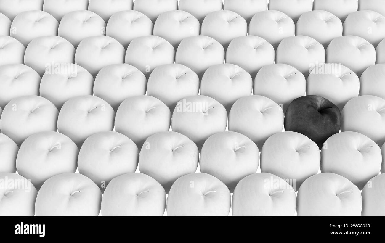 Series of apples all the same. only one is different. The mass and the ...