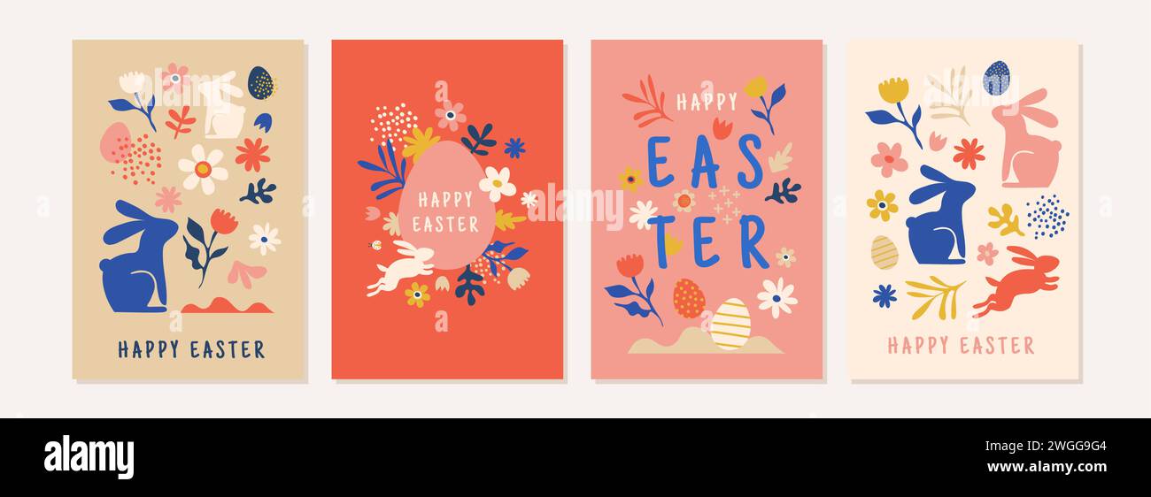 Happy Easter, decorated geometric style Easter card set. Bunnies ...
