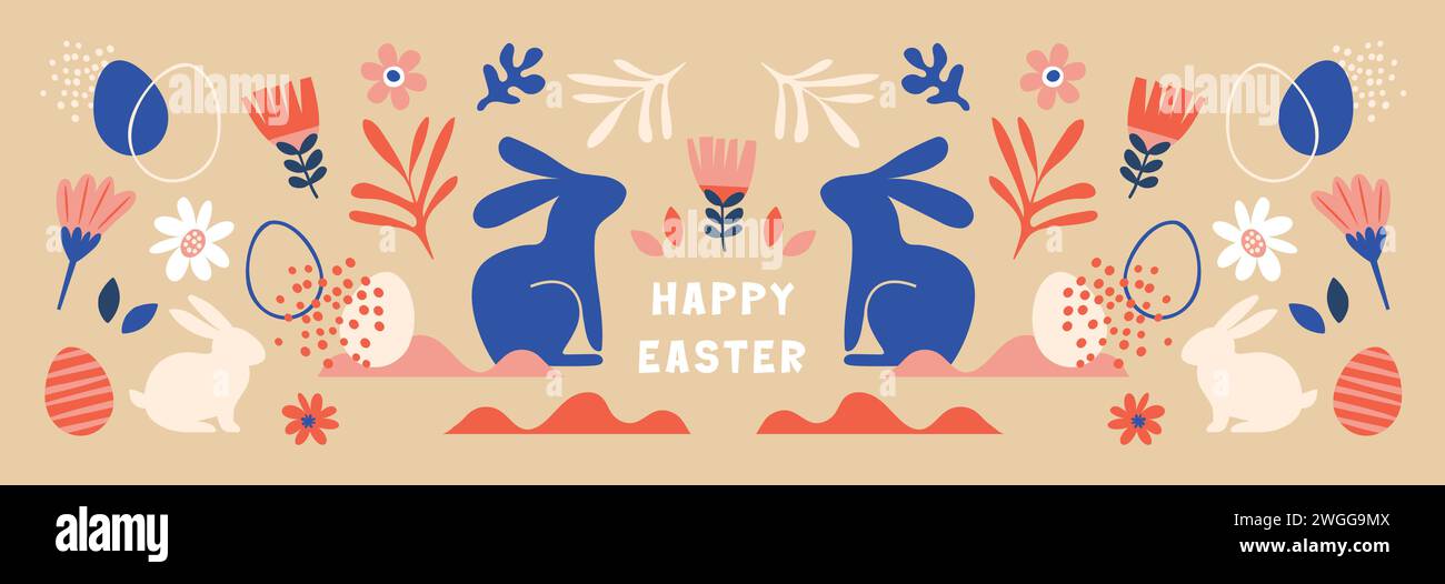 Boho Easter concept design, bunnies, eggs, flowers and rainbows in ...