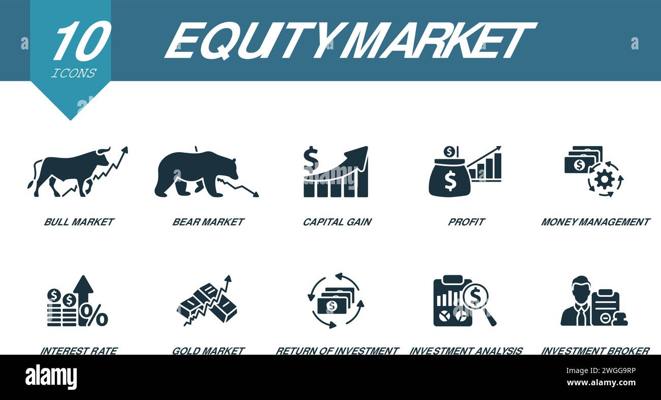 Equity market icons set. Creative icons: bull market, bear market ...
