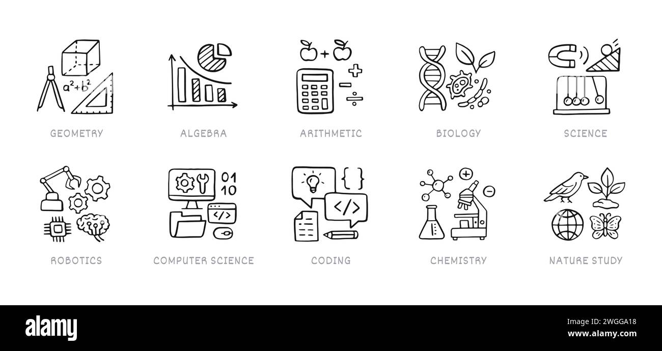 Natural sciences doodle icon set. School subjects - geometry, math ...