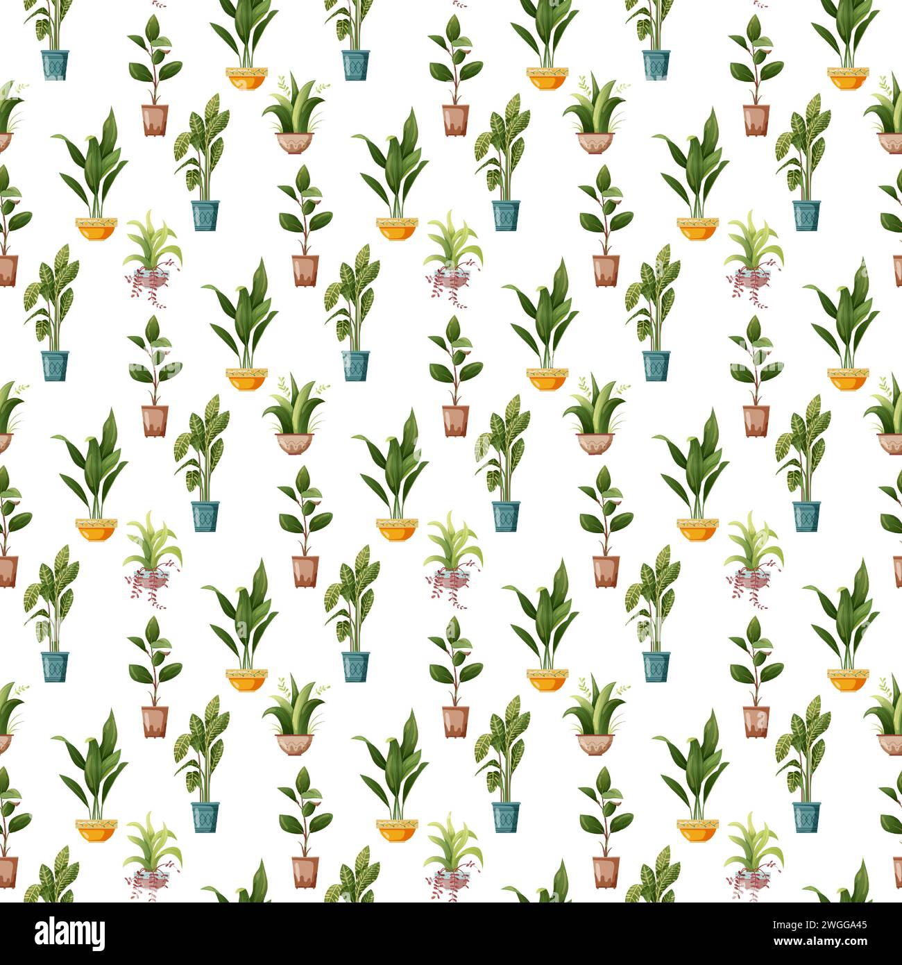 Seamless pattern. Houseplant plant growing in pots. Set of handmade ...