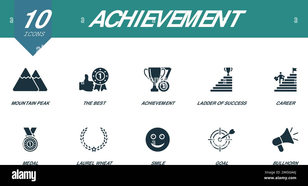 Achievement icons set. Creative icons: mountain peak, the best ...