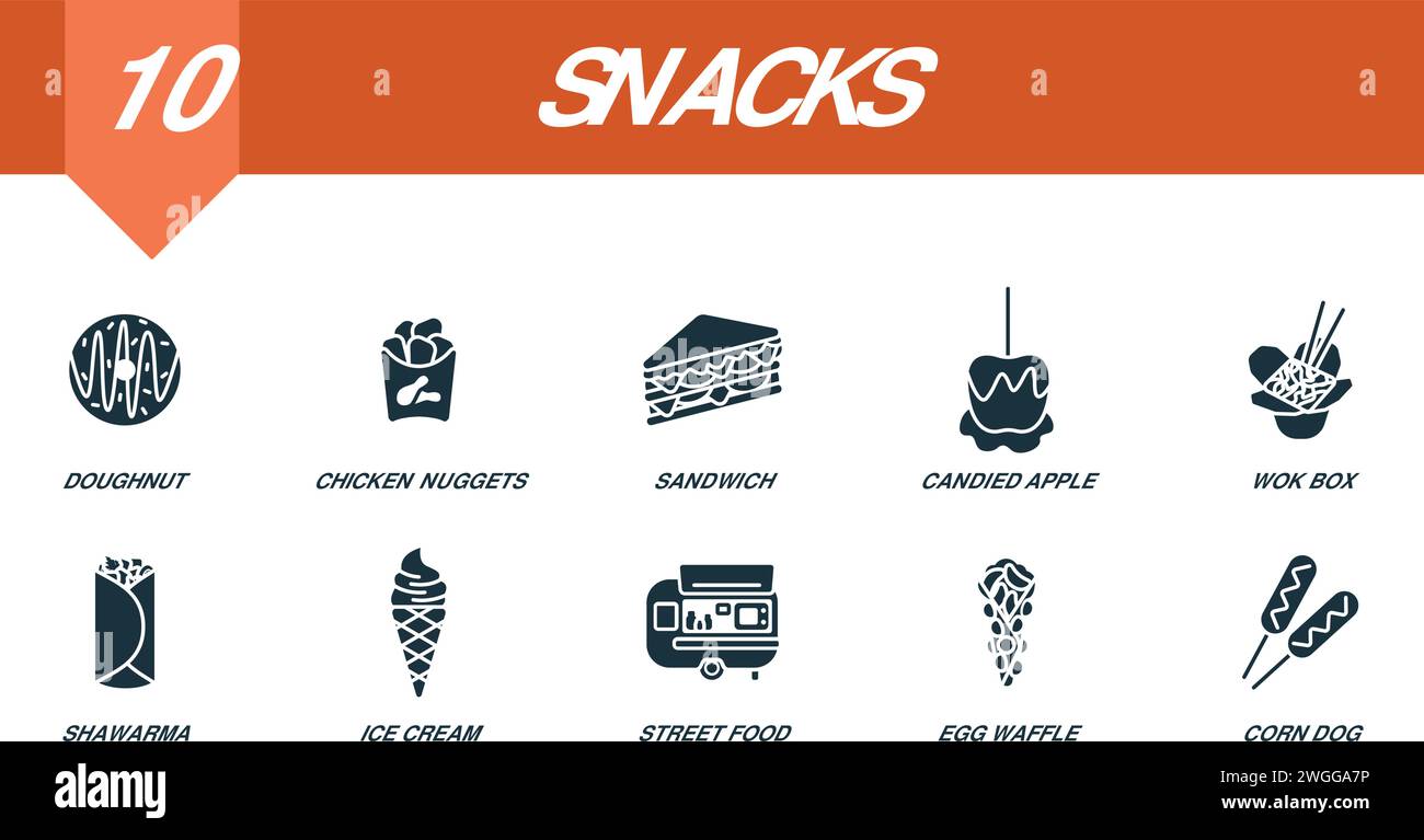 Snacks icons set. Creative icons: doughnut, chicken nuggets, sandwich ...