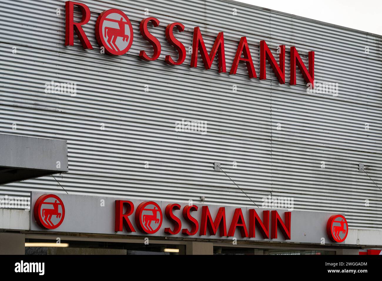 Logo der Drogeriekette Rossmann an einer Geschäftsfassade 04.02.2024 ...