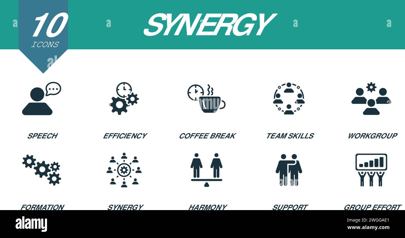Synergy icons set. Creative icons: speech, efficiency, coffee break ...