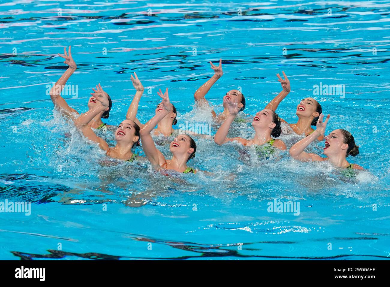 Greece team compete in the mixed team technical of artistic swimming at ...