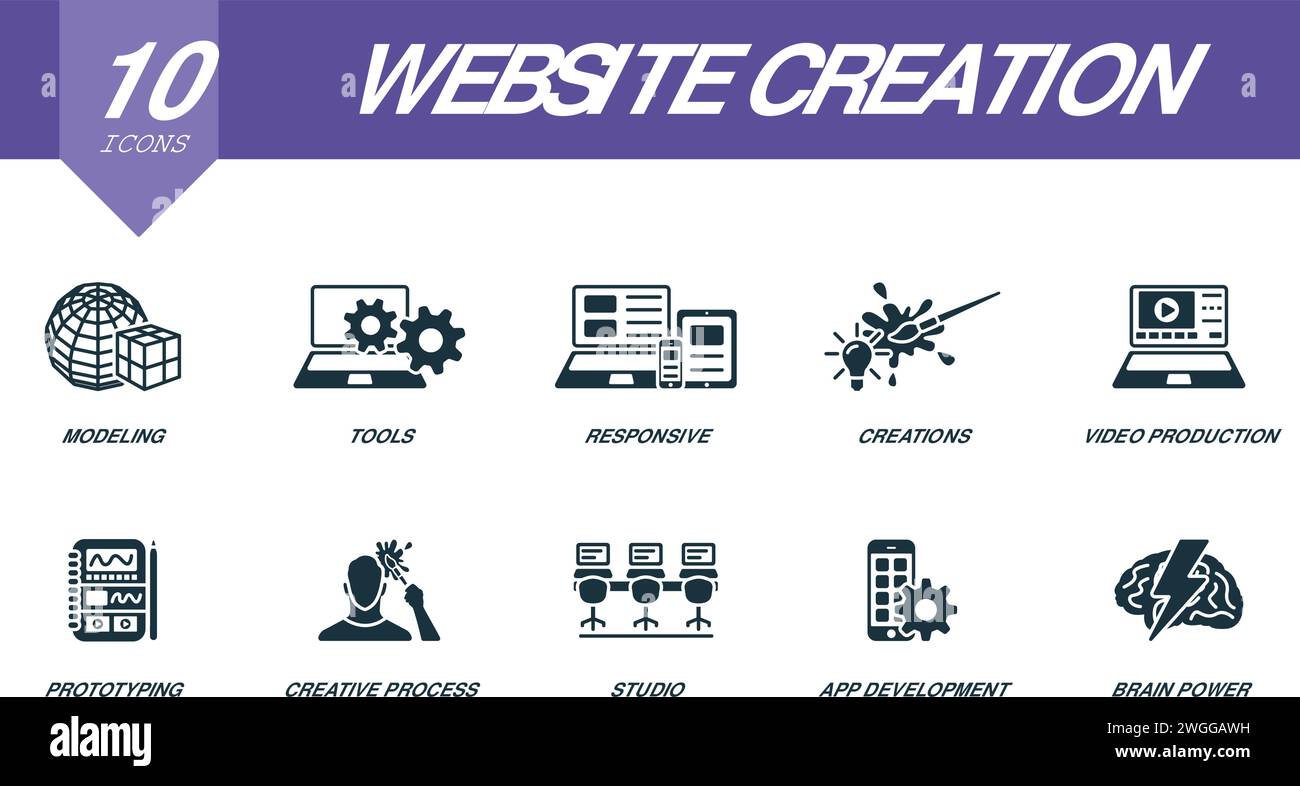 Website creation icons set. Creative icons: modeling, tools, responsive ...