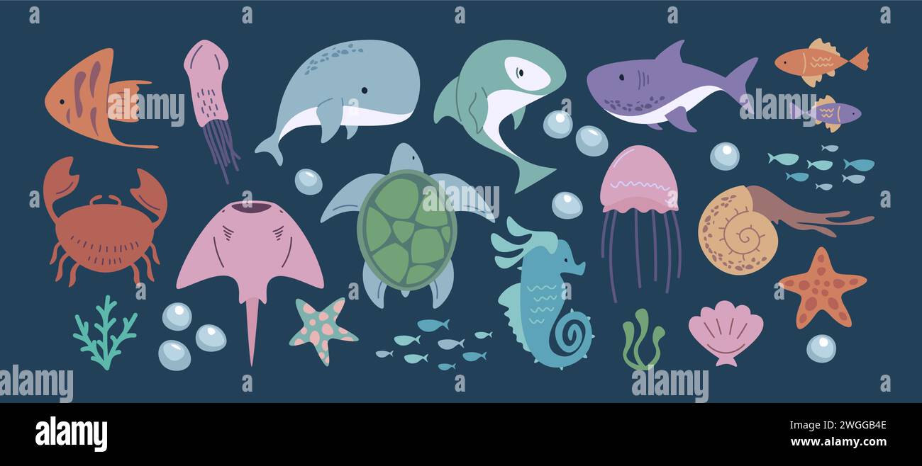 Cute marine animals. Cartoon underwater creatures, colorful ocean sea ...