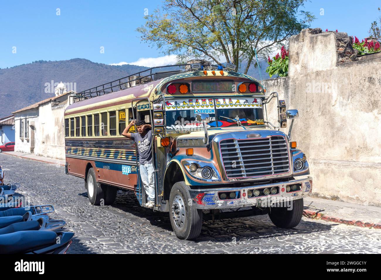 Colourful local bus, Antigua, Sacatepéquez Department, Republic of ...