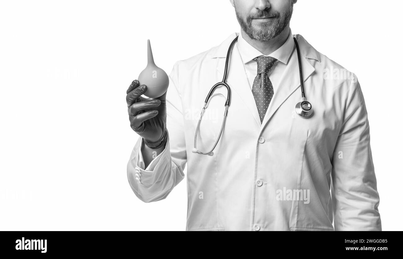 Medical man crop view. Doctor gastroenterologist holding enema in ...