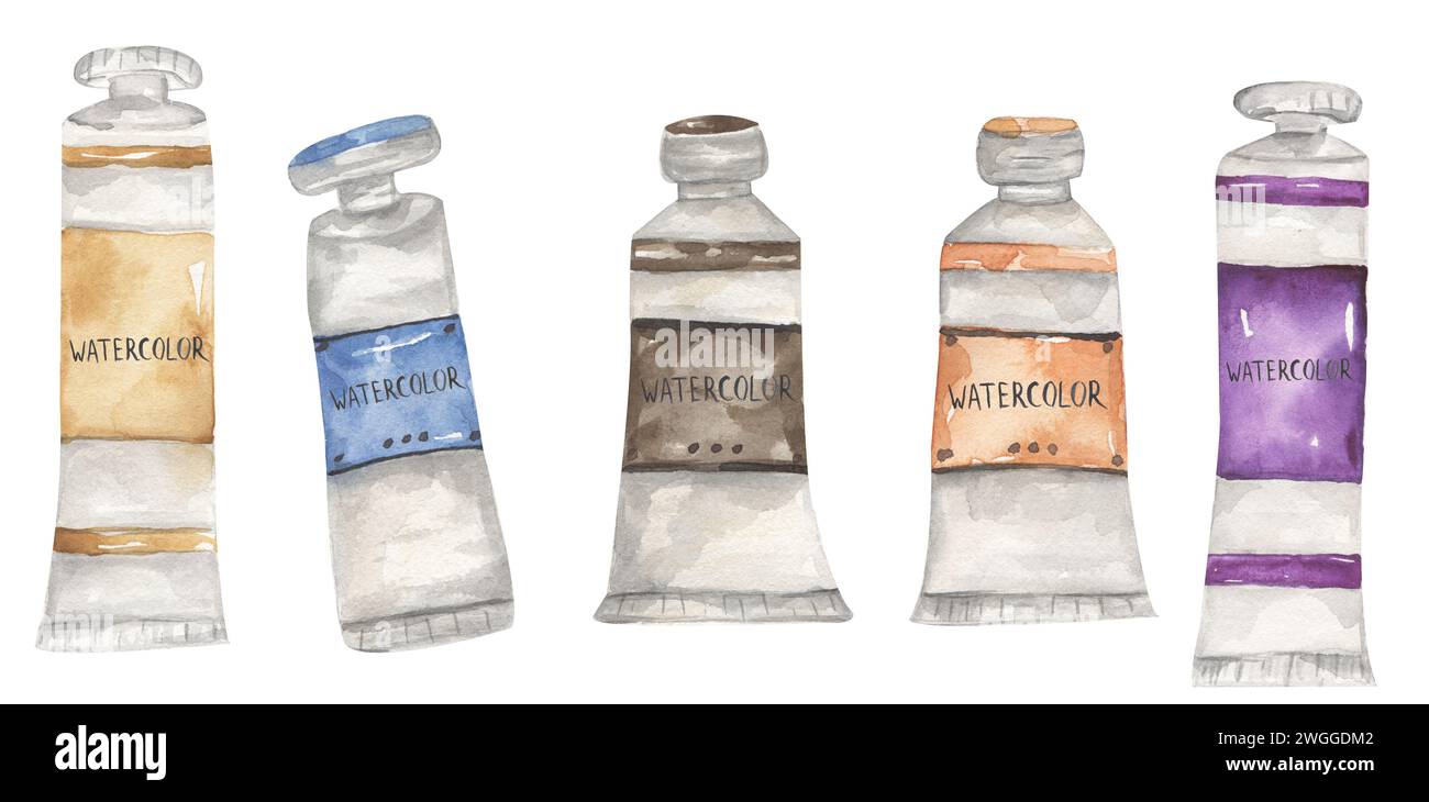 Painting tools elements watercolor illustration set. Art supplies ...