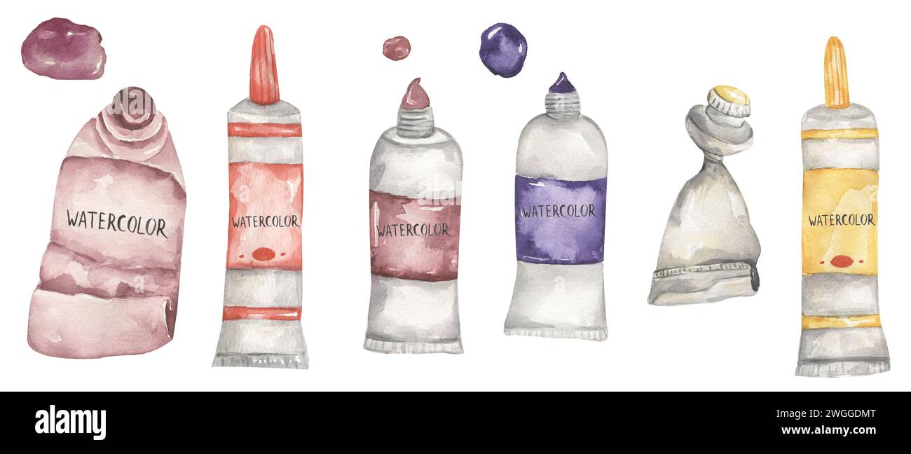 Painting tools elements watercolor illustration set. Art supplies ...