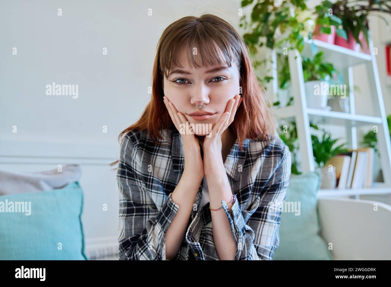 Web camera view of teenage girl talking looking in camera, online ...