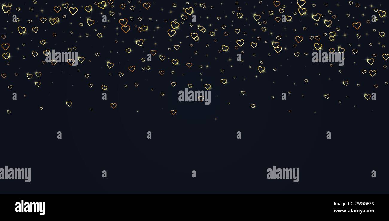 Falling hearts valentine card template. Gold hearts scattered on black ...