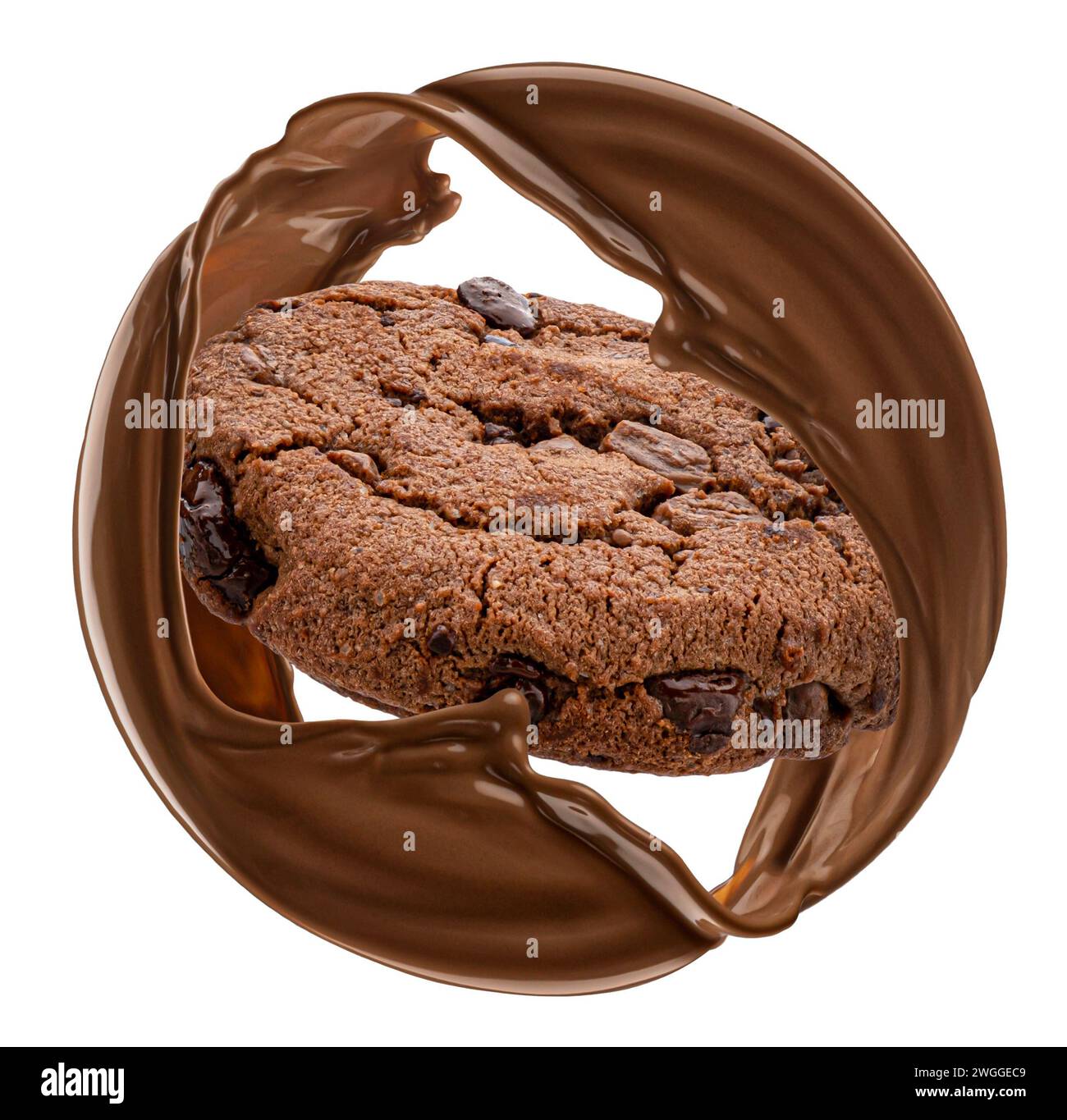 Oatmeal cookie with round chocolate splash isolated on white background ...