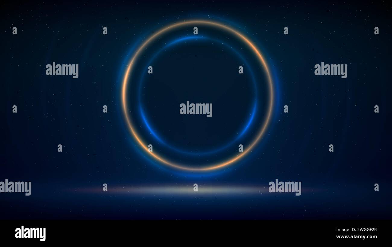 Stage with golden blue circular lighting background. Shining light ring ...