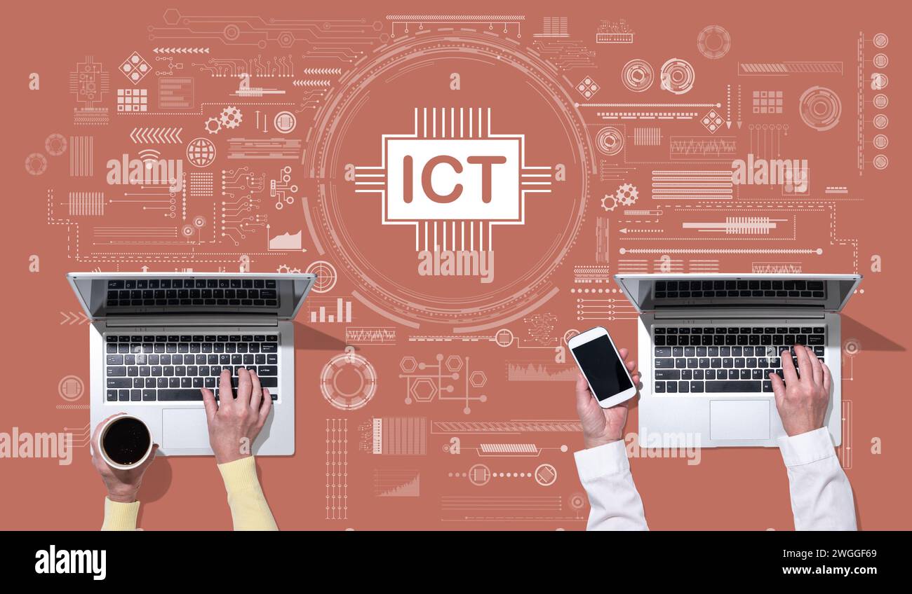 Top view of hands using laptop with symbol of ict concept Stock Photo ...