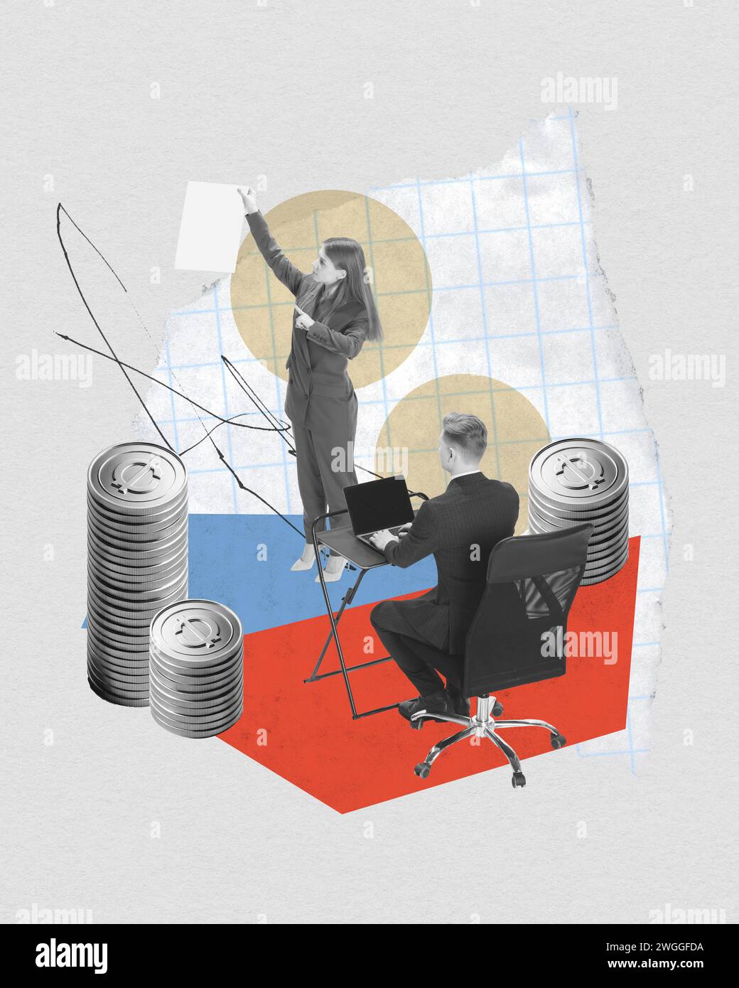 Modern aesthetic artwork. Motivated office workers, man and woman, make ...