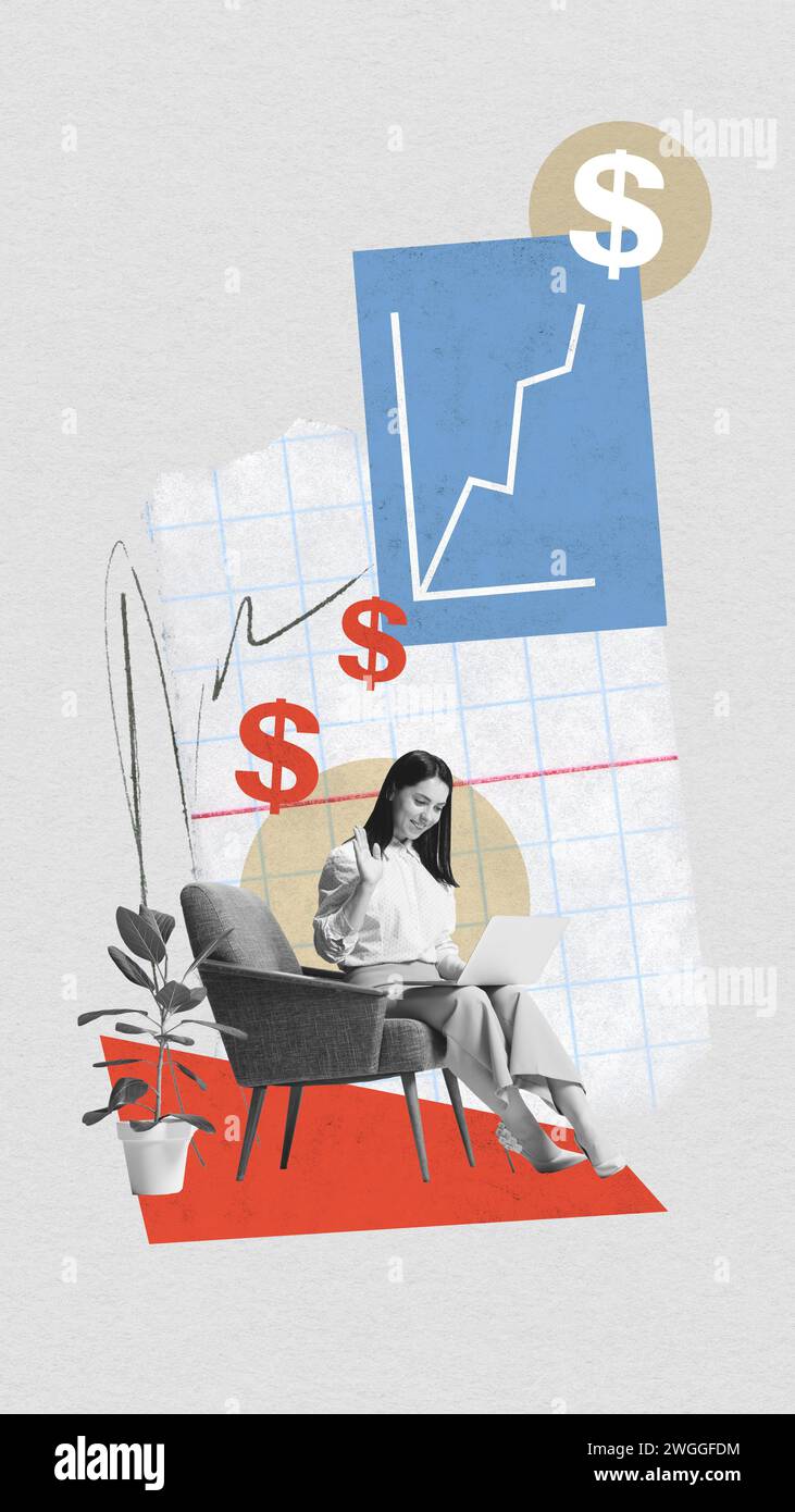 Modern aesthetic artwork. Young woman, freelancer working online from ...