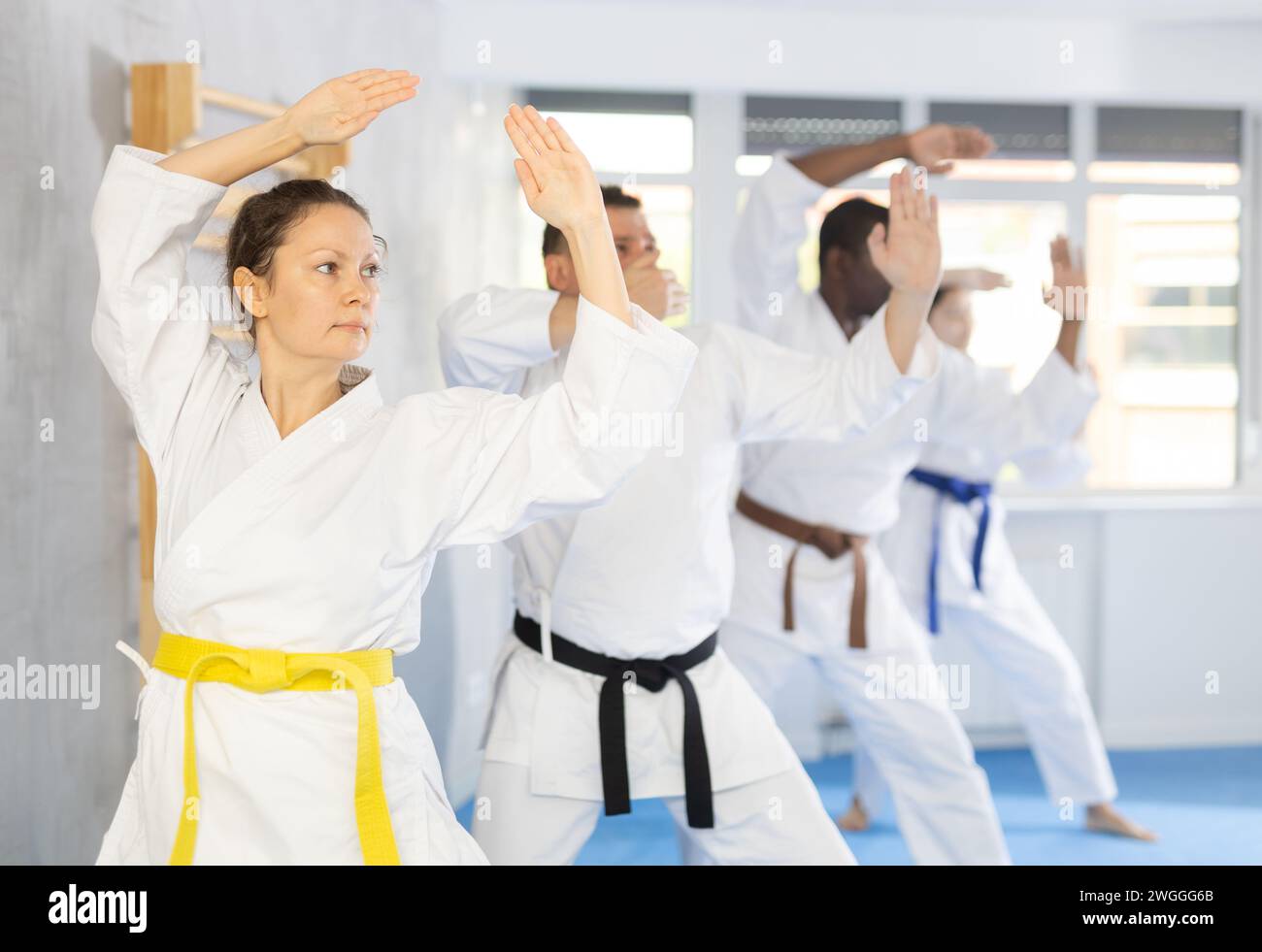 Women and men in kimono in fight stance during group karate training ...