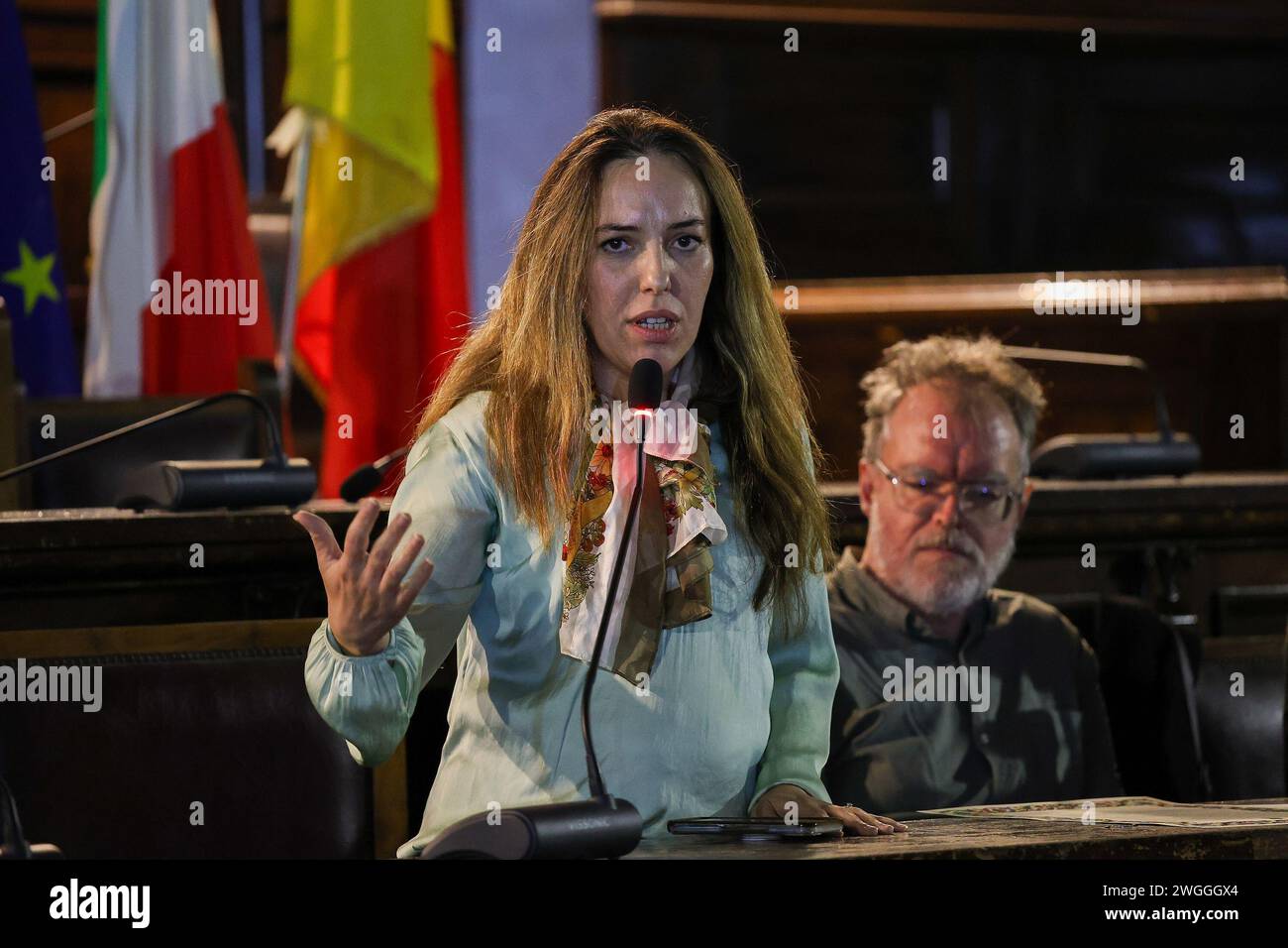 Stella Moris speaks inside the barons' hall of the Maschio Angioino ...