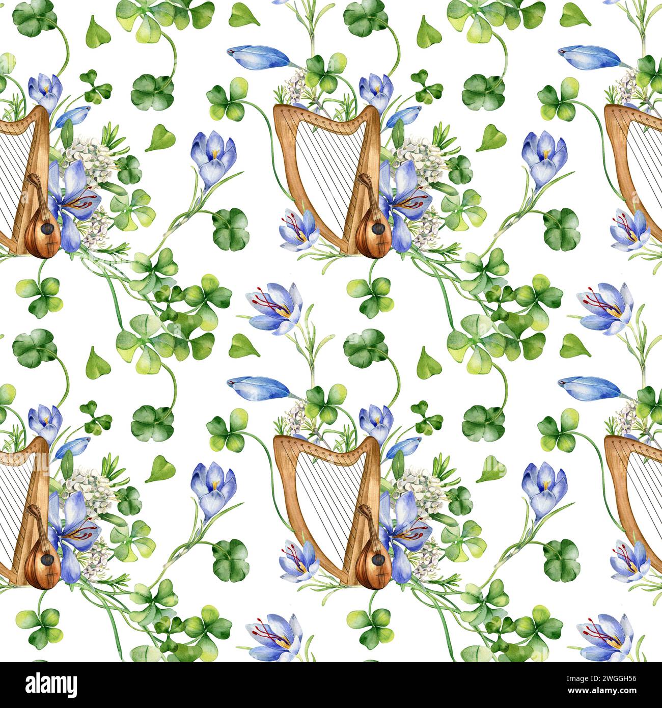 Musical instruments and spring flowers watercolor seamless pattern ...