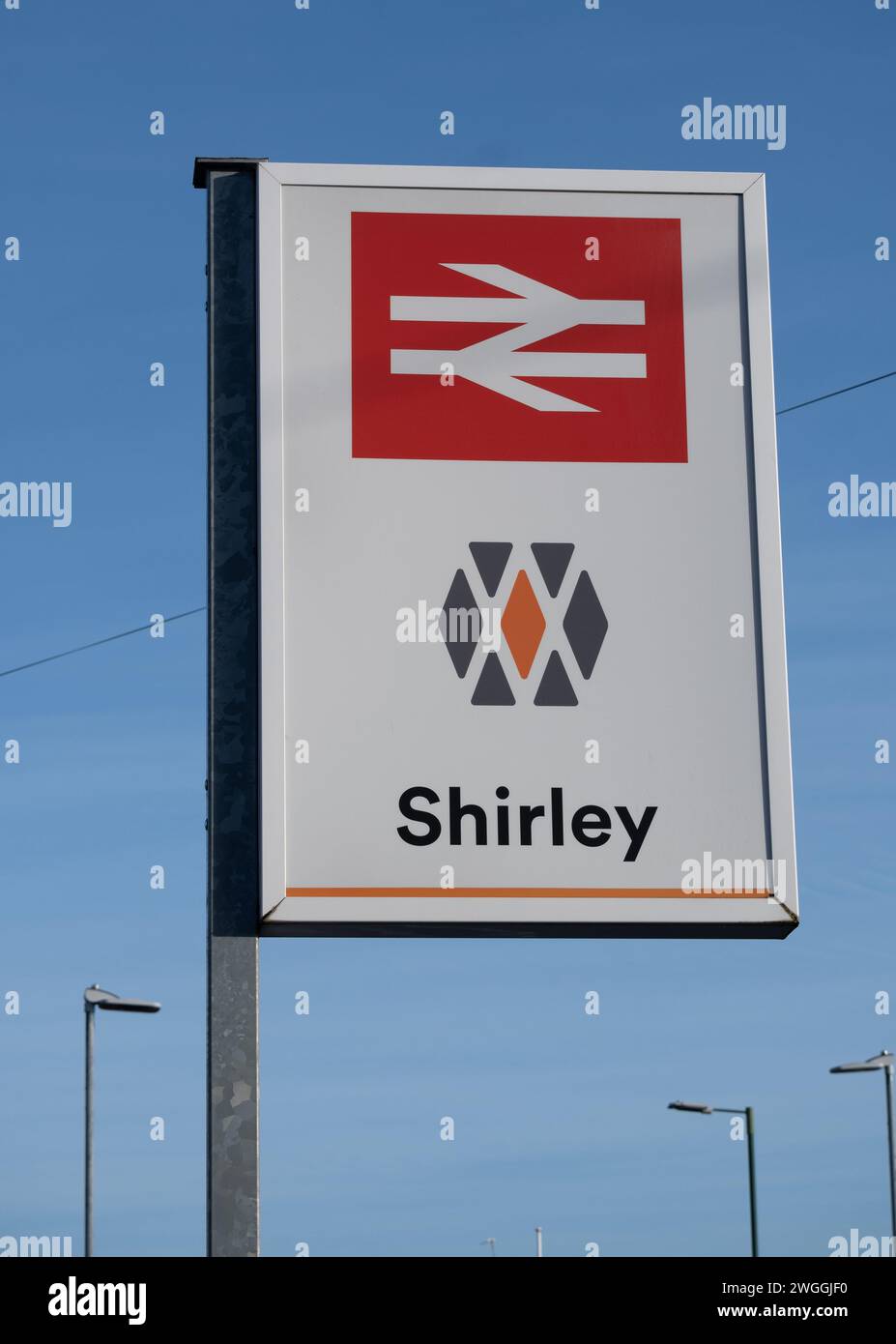Shirley railway station sign, West Midlands, England, UK Stock Photo ...