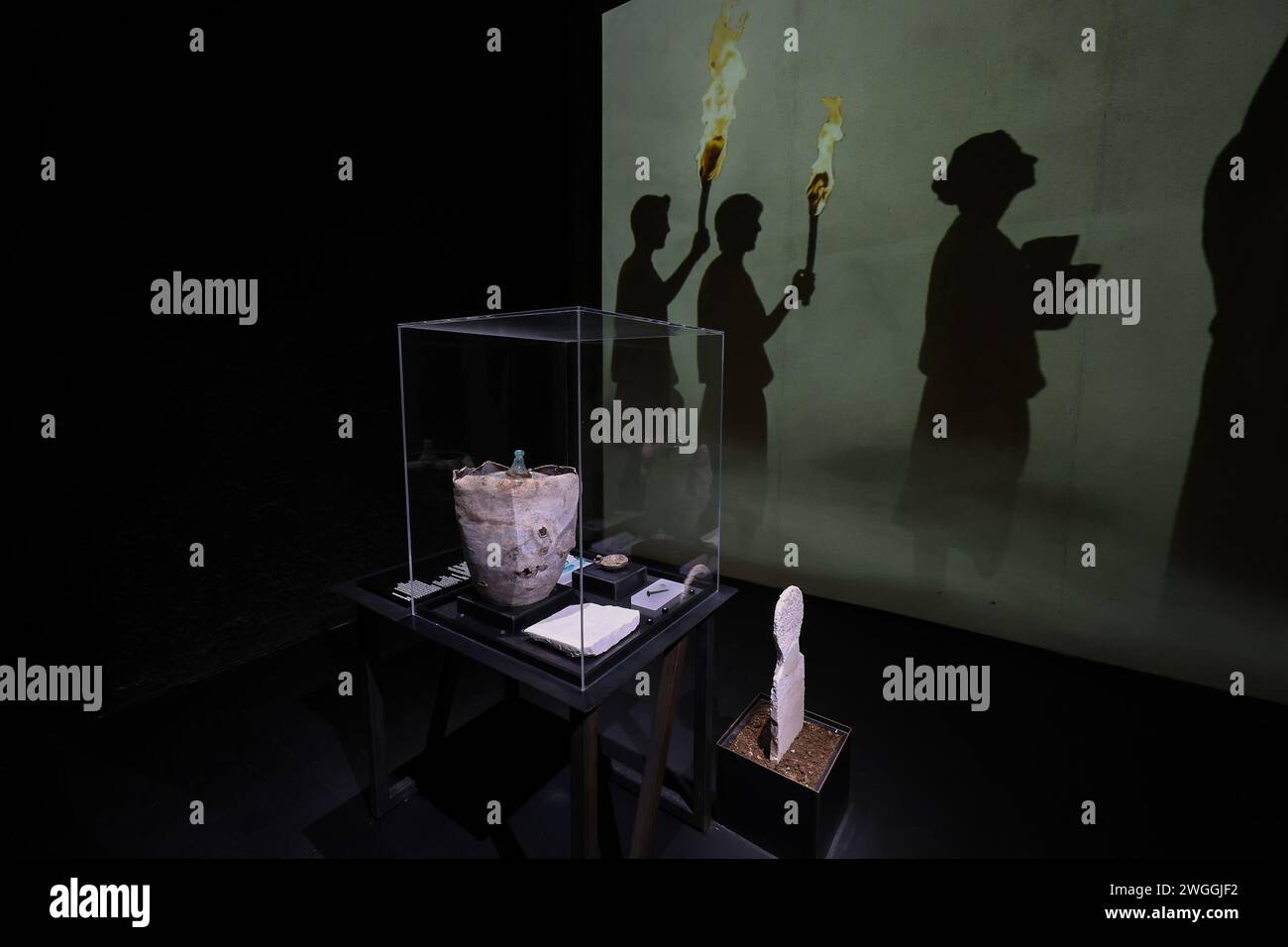 A view of an installation with an animated projection, in the exhibition The Other Pompeii ...