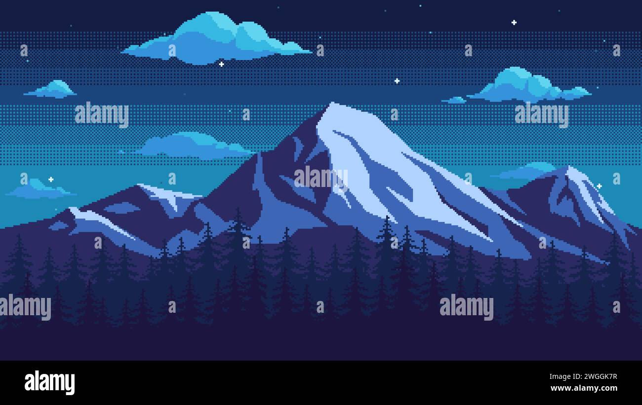 Pixel art mountain background at night. Seamless landscape backdrop of a pine forest, snow ...