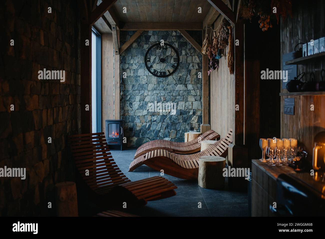 Close up of loungers in relaxation room in wellness center. Wellness ...