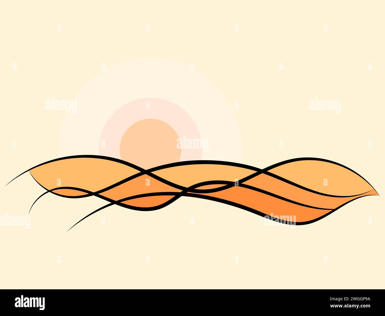 Desert landscape with sand dunes in line art style. Sunrise over the ...