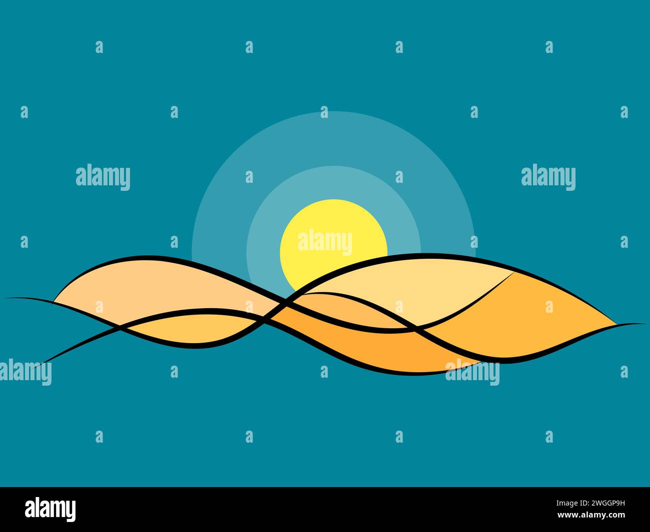 Desert landscape with sand dunes in line art style. Sunrise over the ...