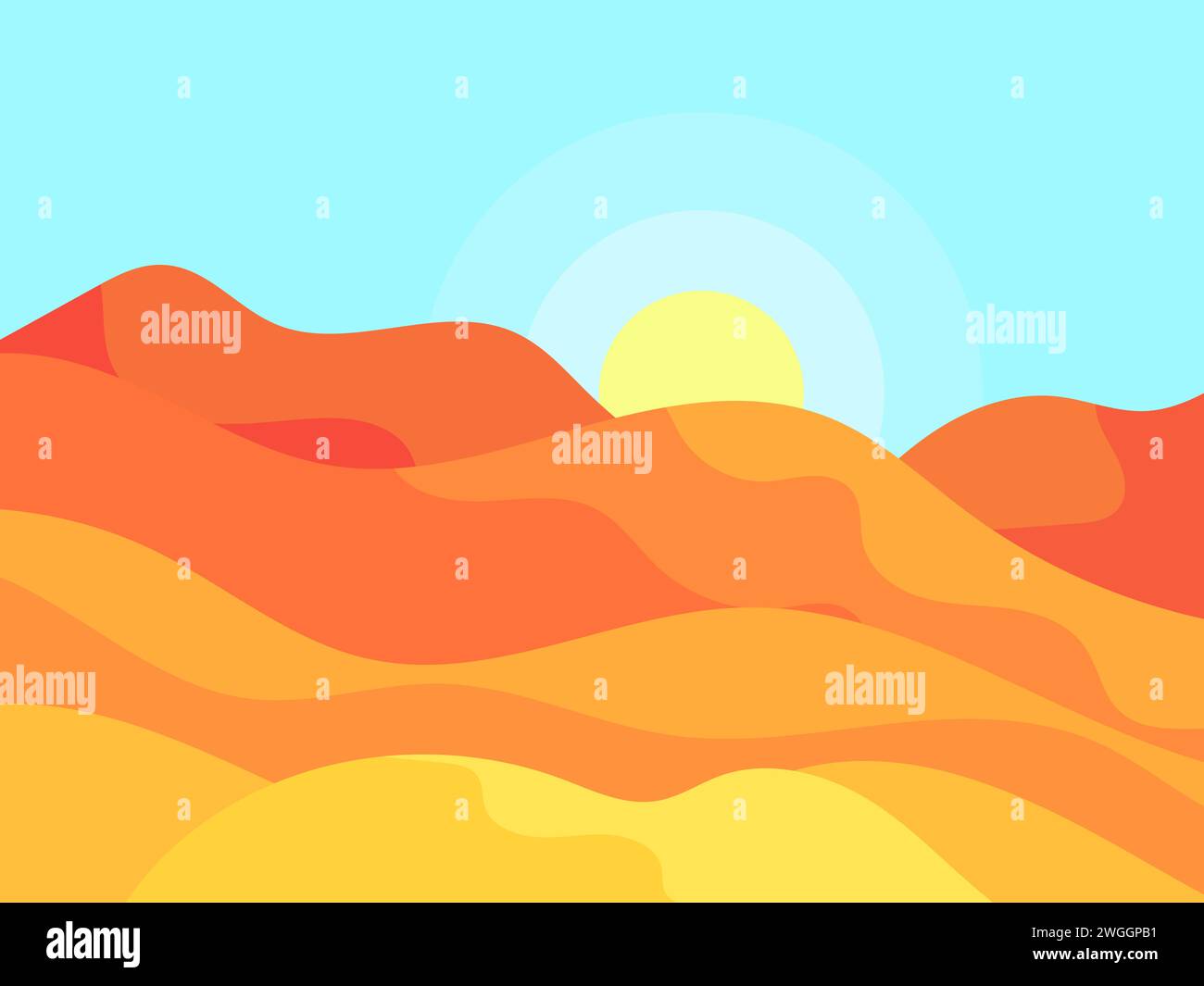 Desert landscape with dunes and sun in a minimalist style. Desert wavy landscape with sun ...